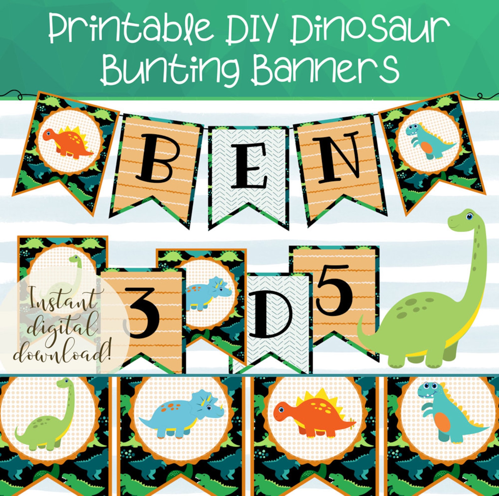 Printable Dinosaur Themed Bunting Banner Letters, DIY Birthday Party ...
