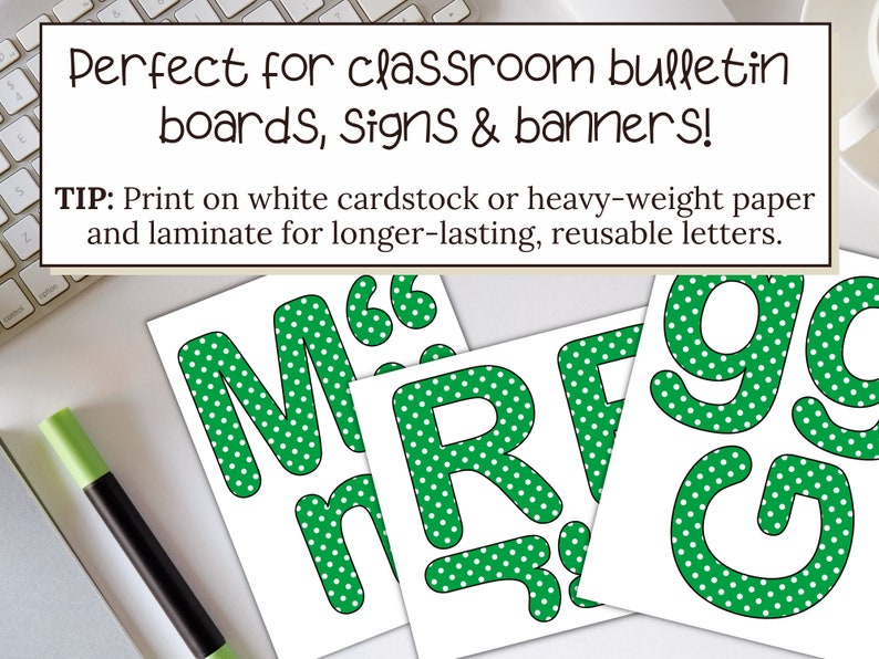 Printable Bulletin Board Letters in Green With White Polka Dots ...