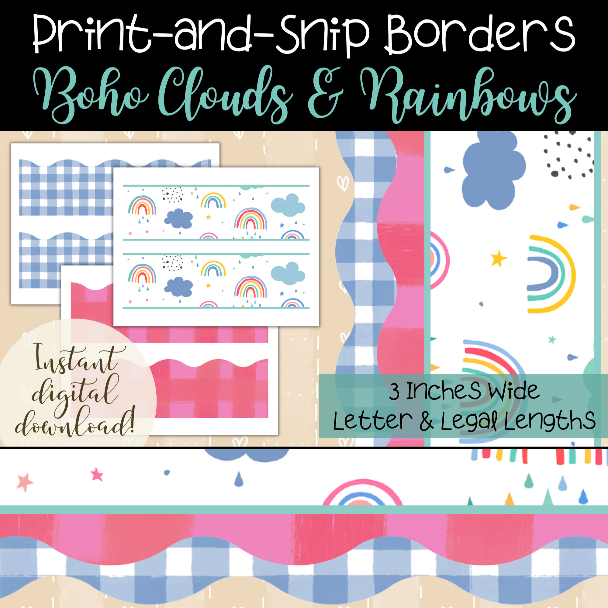 Bulletin Board Printable Border Set, Boho Clouds and Rainbows Trim ...