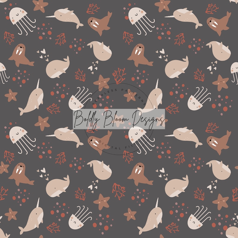 Boho Underwater Seamless Pattern, Sea Life Seamless Pattern, Ocean ...