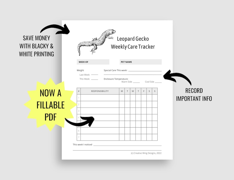 Reptile Chore Chart, Leopard Gecko Care Tracker, Pet Feeding Log ...