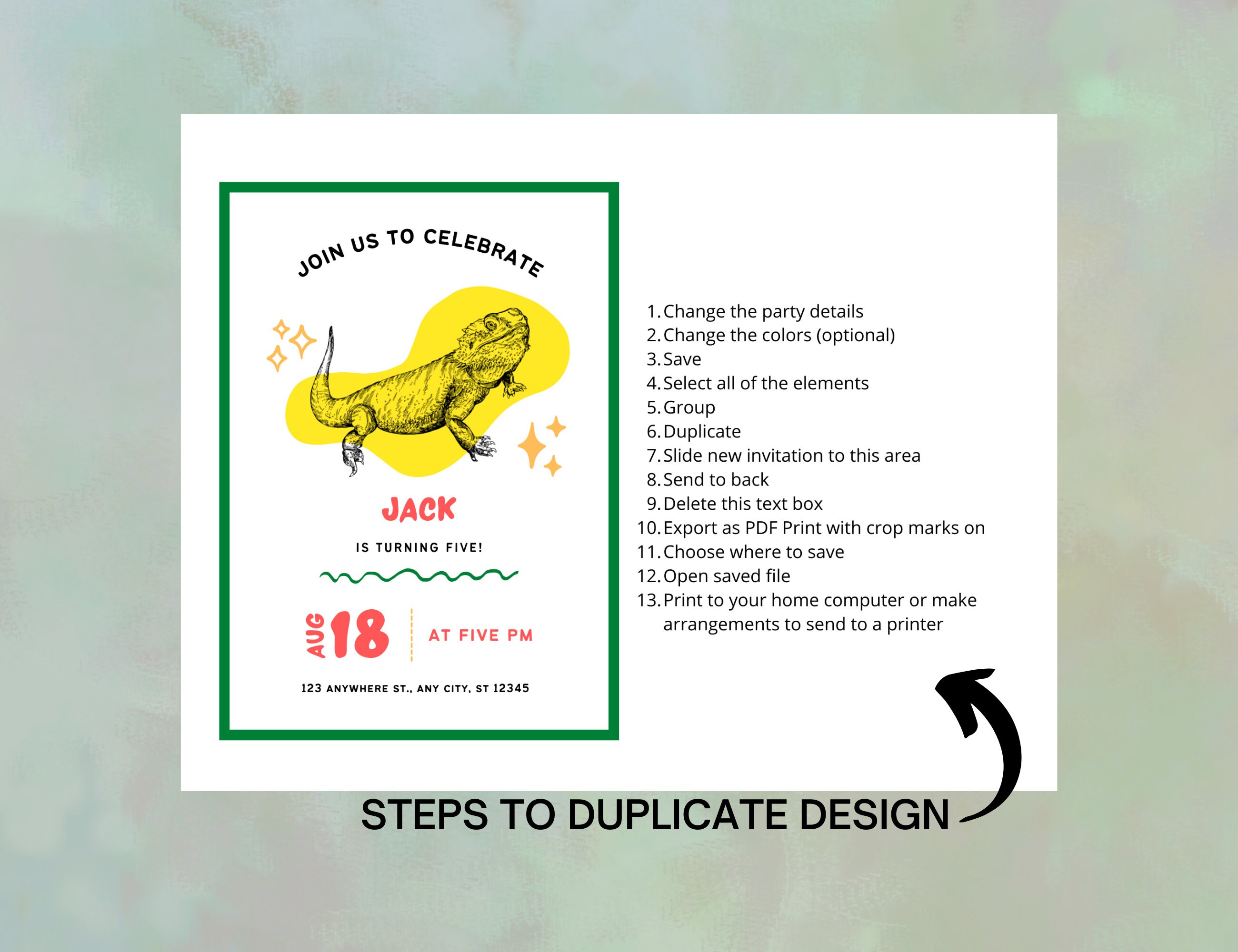 Bearded Dragon Birthday Invitation Yellow Orange Reptile - Etsy