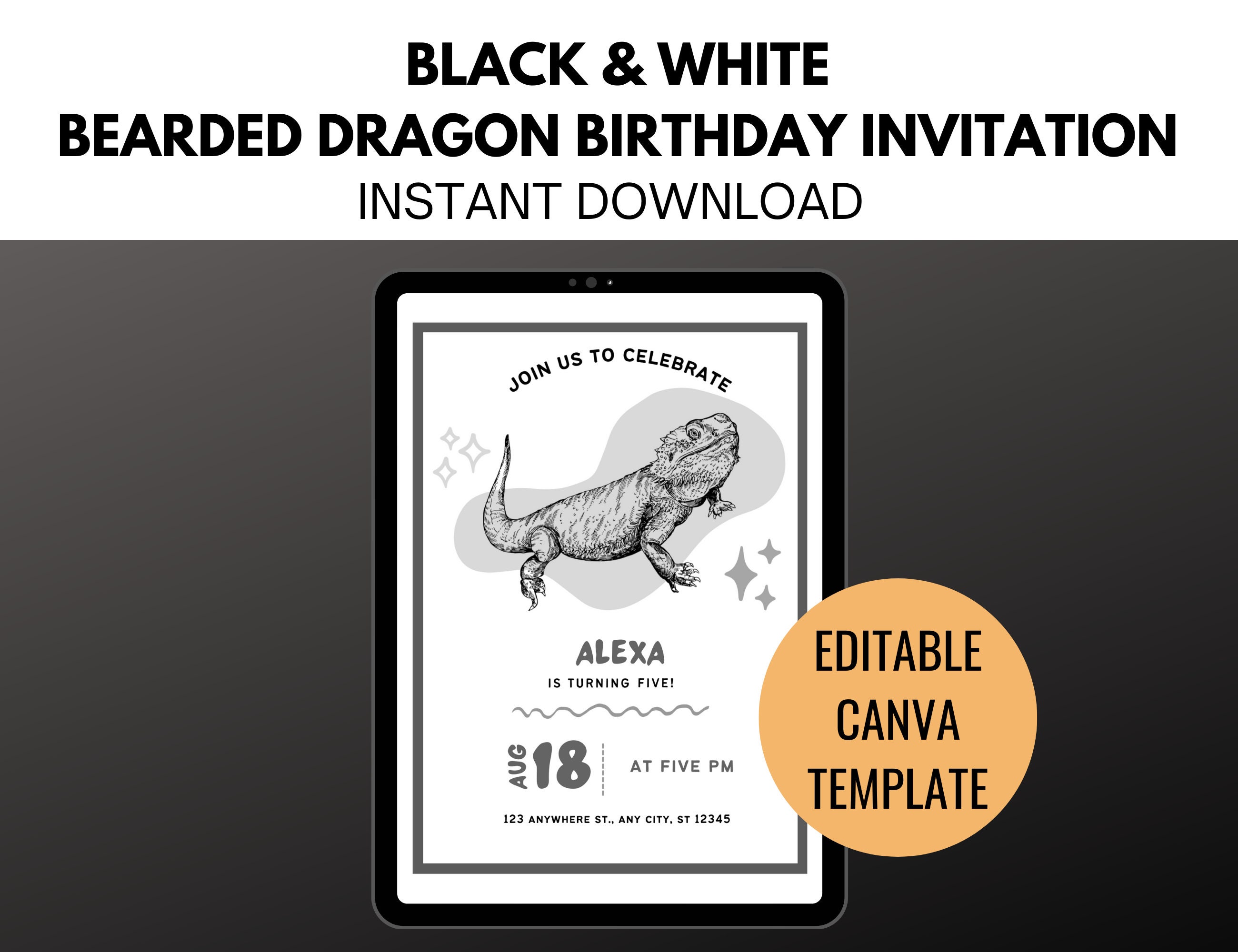 Bearded Dragon Birthday Invitation Black and White, Greyscale, Reptile ...
