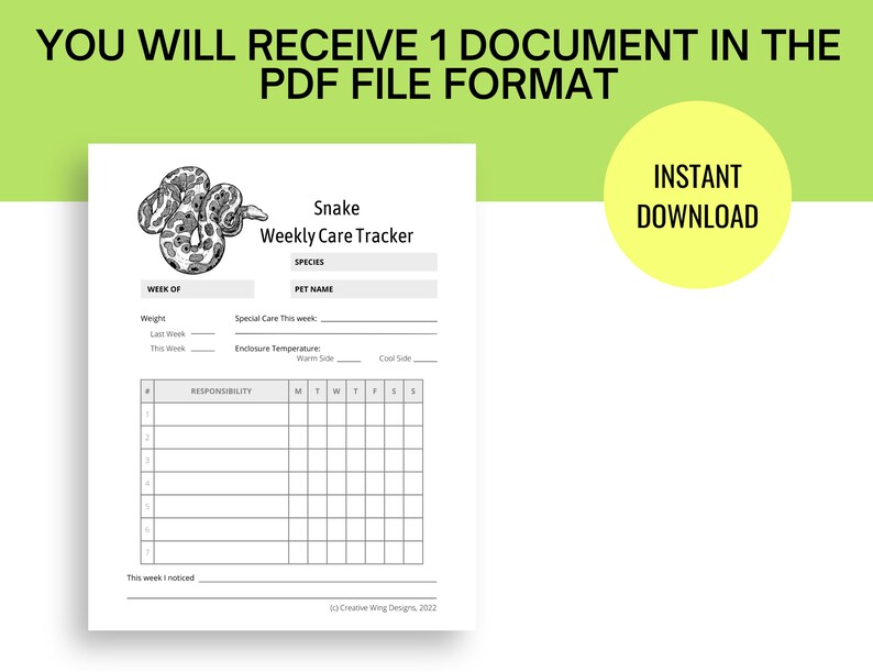 Snake Care Tracker, Reptile Chore Chart, Responsible Pet Owner Care ...