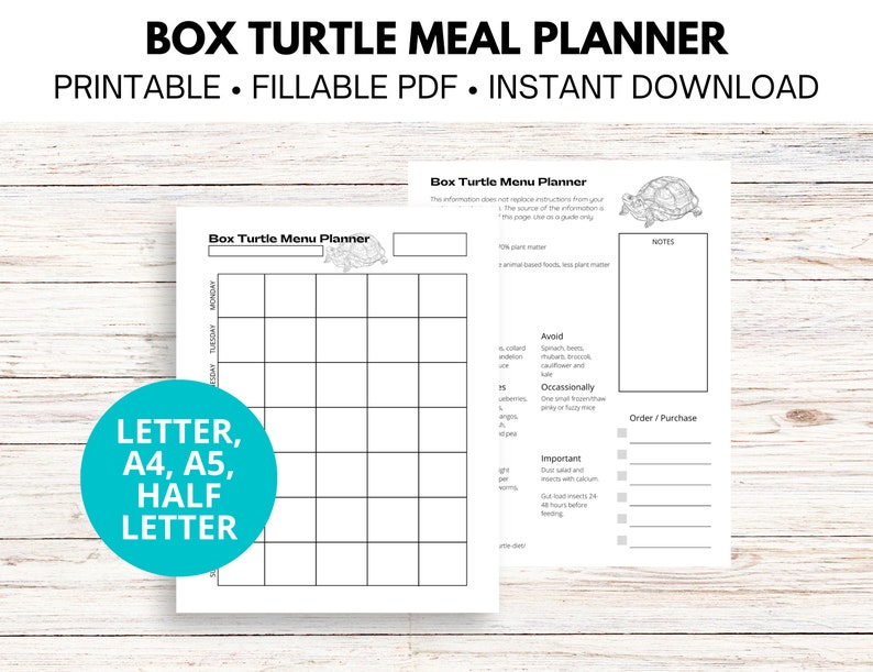 Box Turtle Menu Planner, Reptile Live Feeding Log, Planner Insert ...