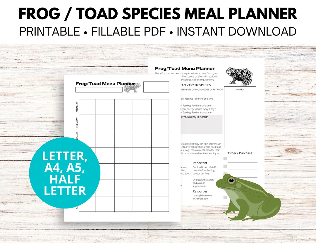 Frog Toad Menu Planner, Reptile Live Feeding Log, Planner Insert ...