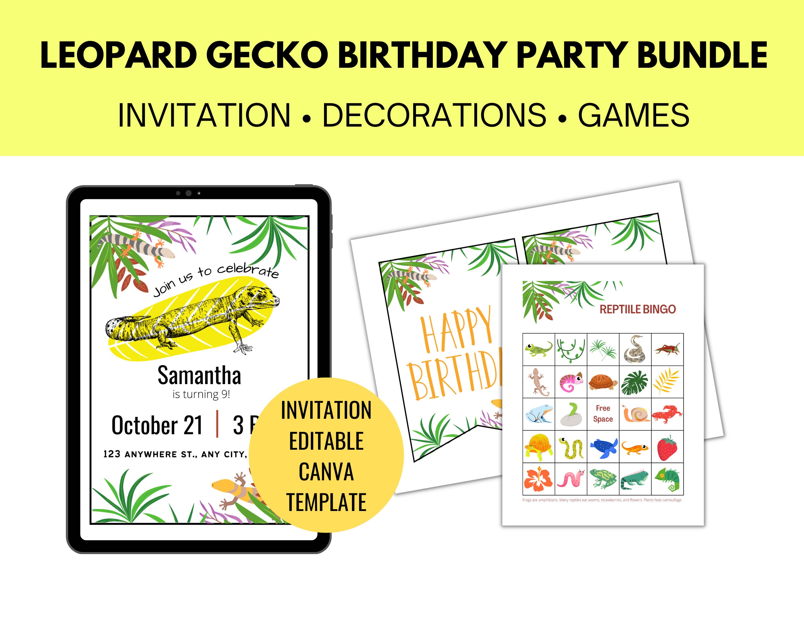 Leopard Gecko Birthday Invitation Template Game Bundle, Reptile ...