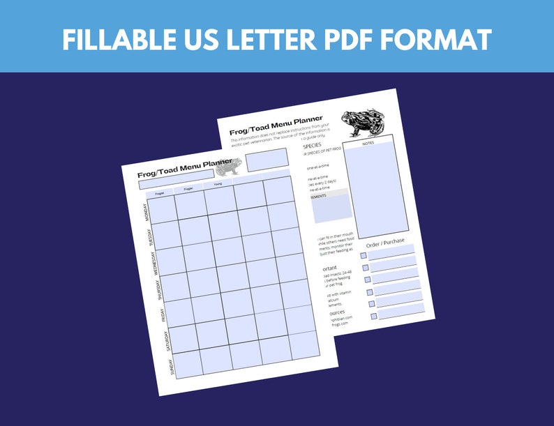 Frog Toad Menu Planner, Reptile Live Feeding Log, Planner Insert ...