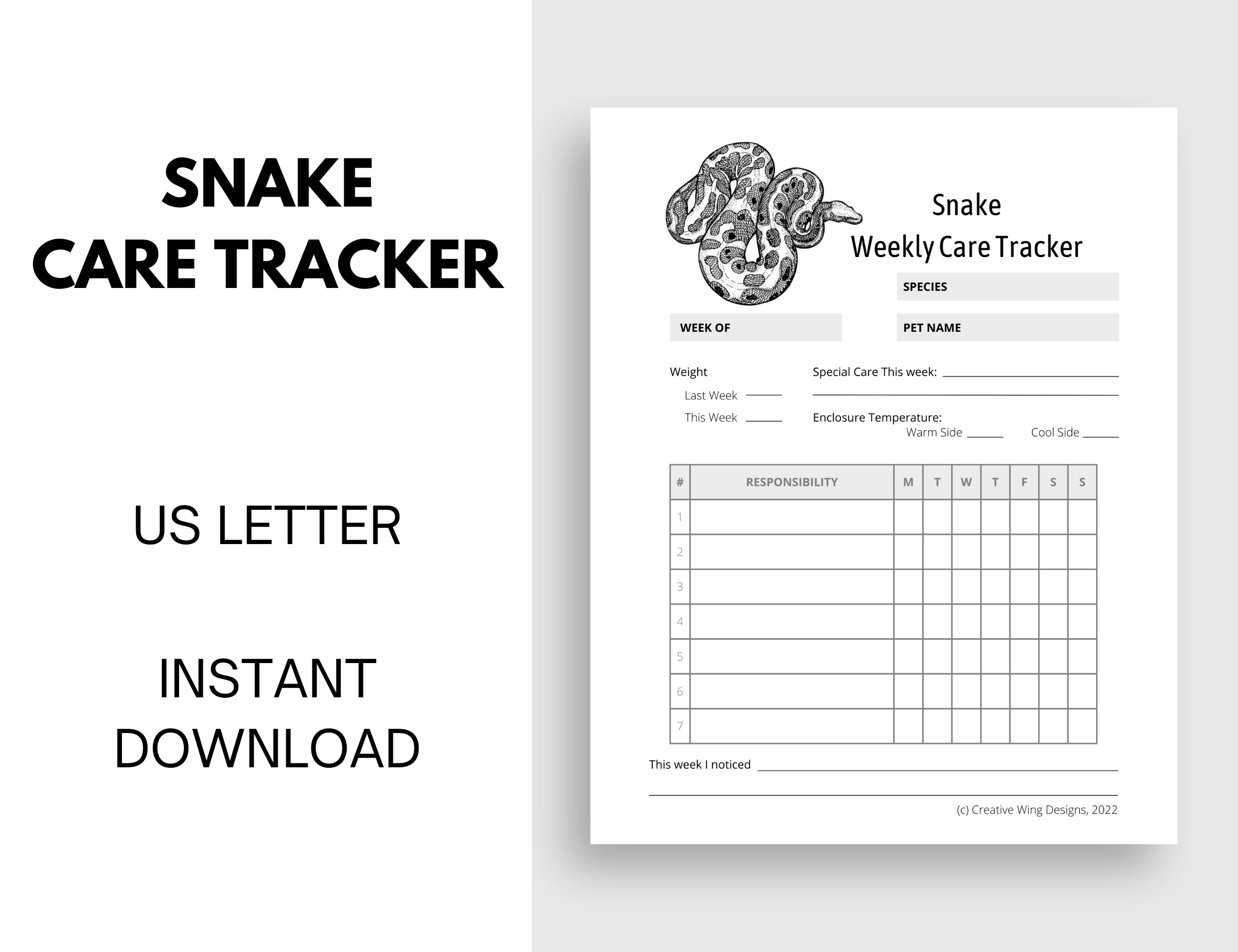 Snake Care Tracker, Reptile Chore Chart, Responsible Pet Owner Care ...