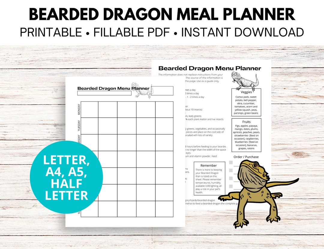 Bearded Dragon Menu Planner, Reptile Live Feeding Log, Planner Insert ...
