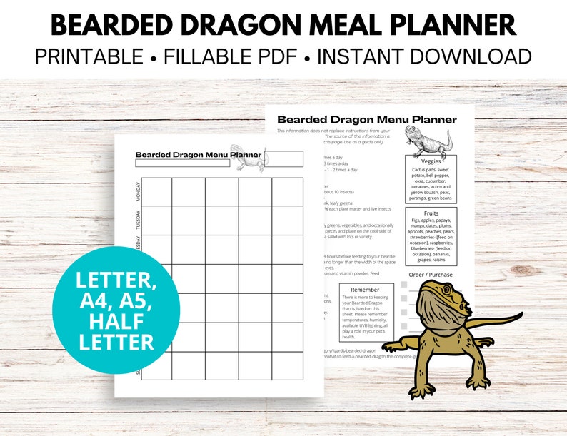 Bearded Dragon Menu Planner, Reptile Live Feeding Log, Planner Insert ...