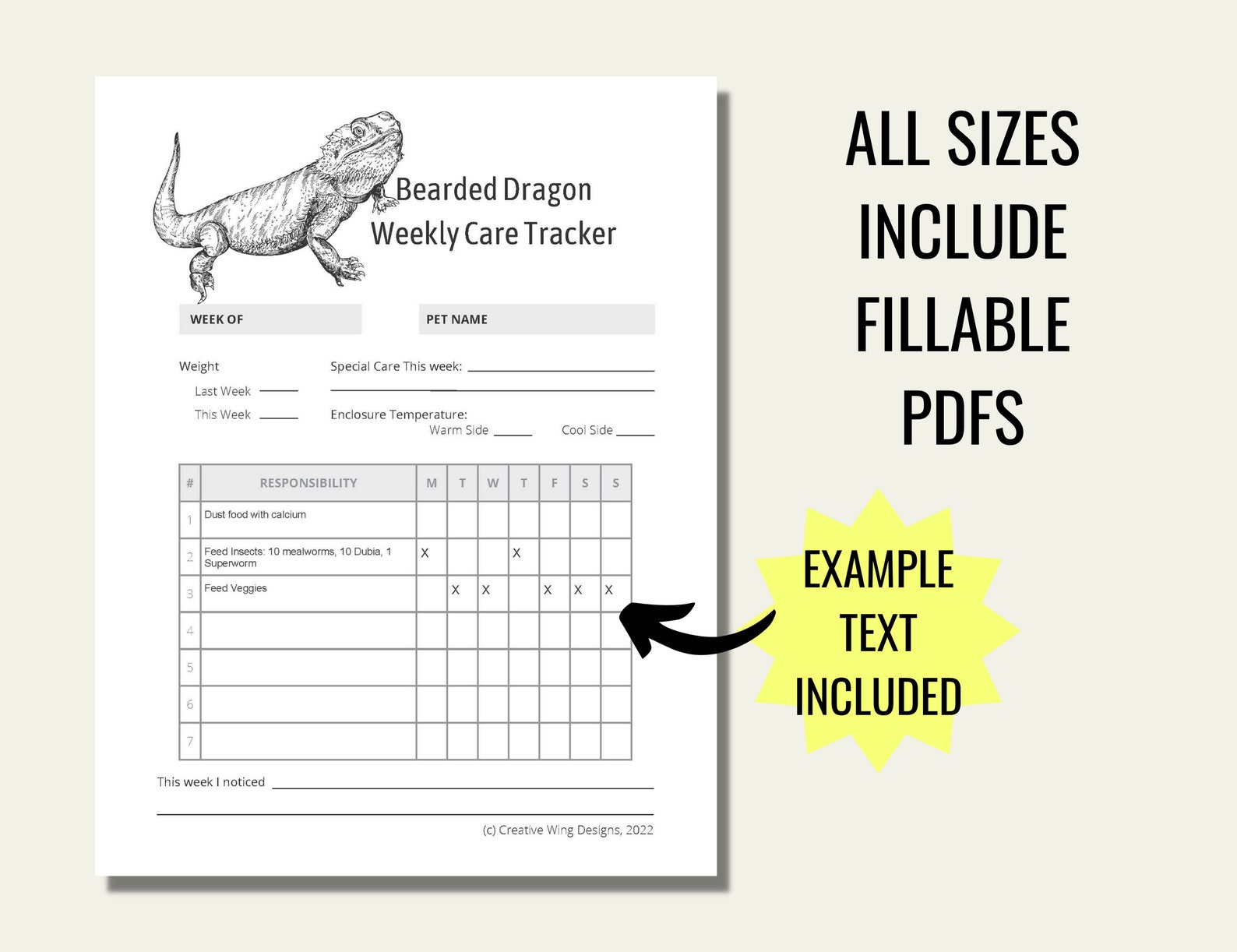 Reptile Chore Chart, Bearded Dragon Care Tracker, Pet Feeding Log ...