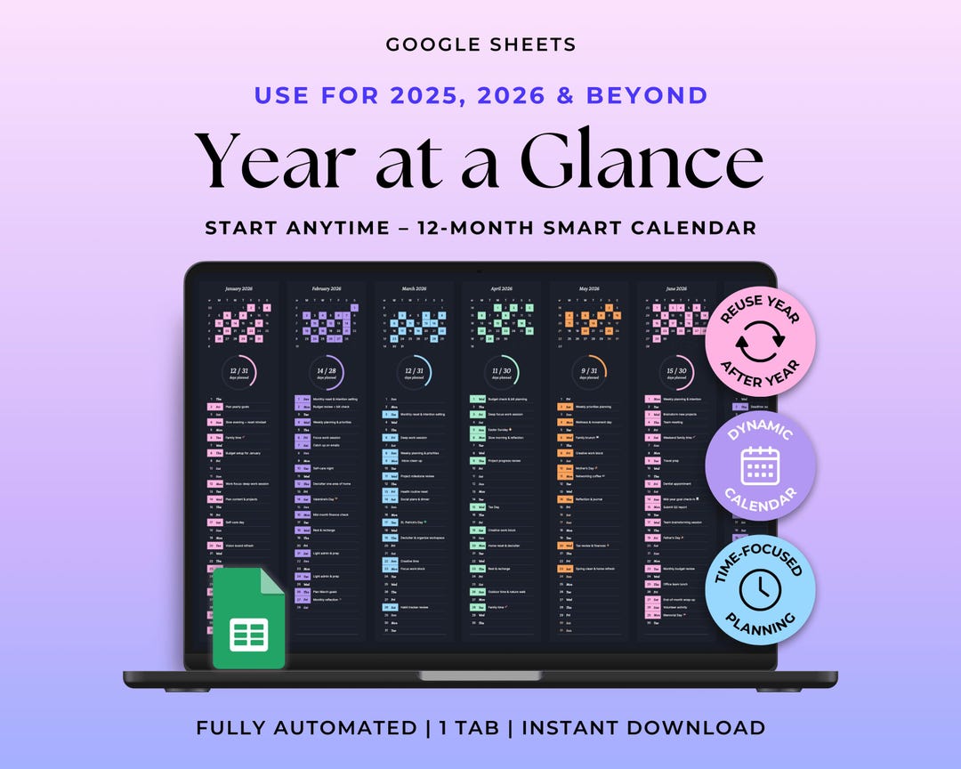 Year at a Glance Planner Spreadsheet Dark Mode Yearly Overview Google ...