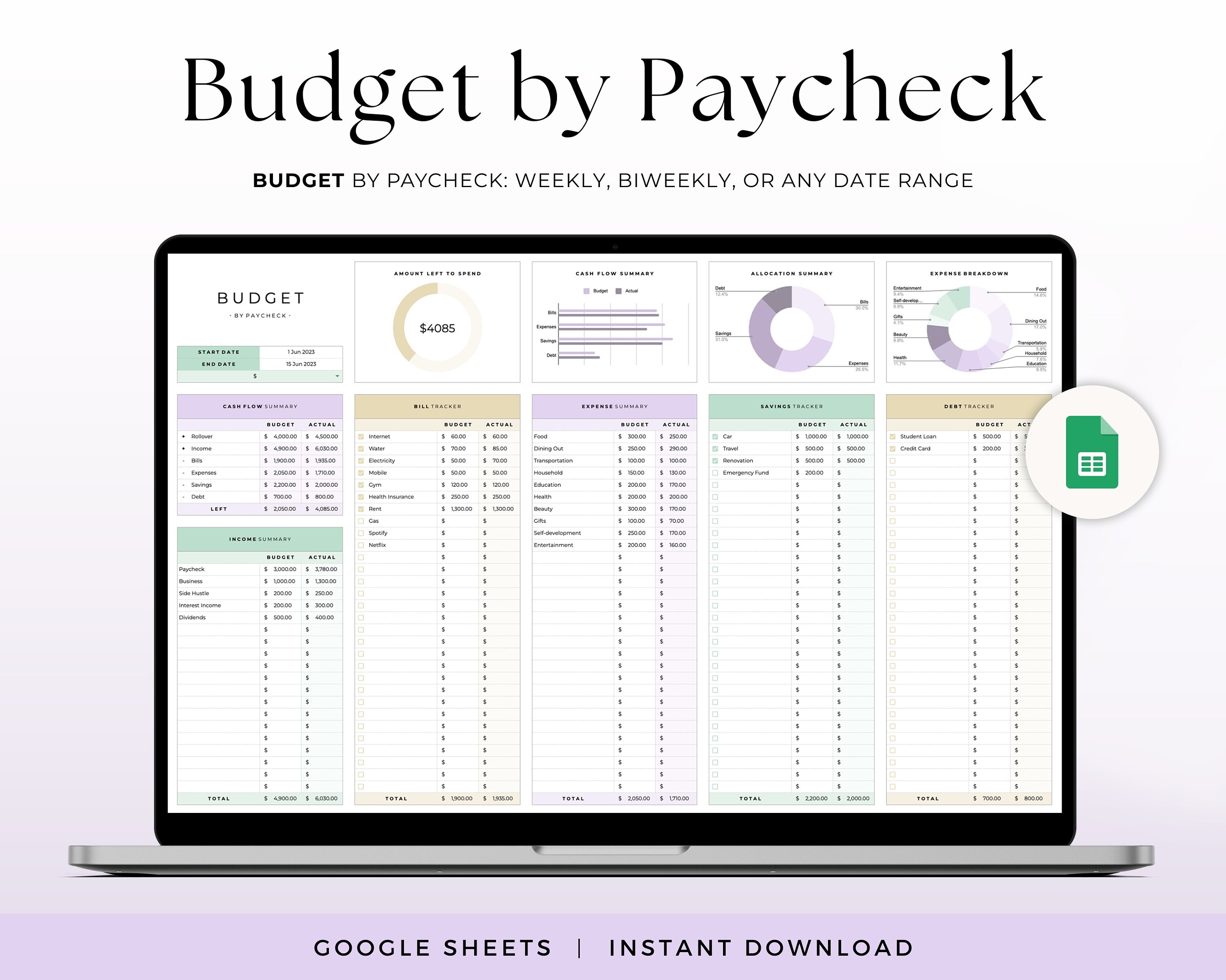Budget by Paycheck Spreadsheet for Google Sheets Biweekly Budget ...