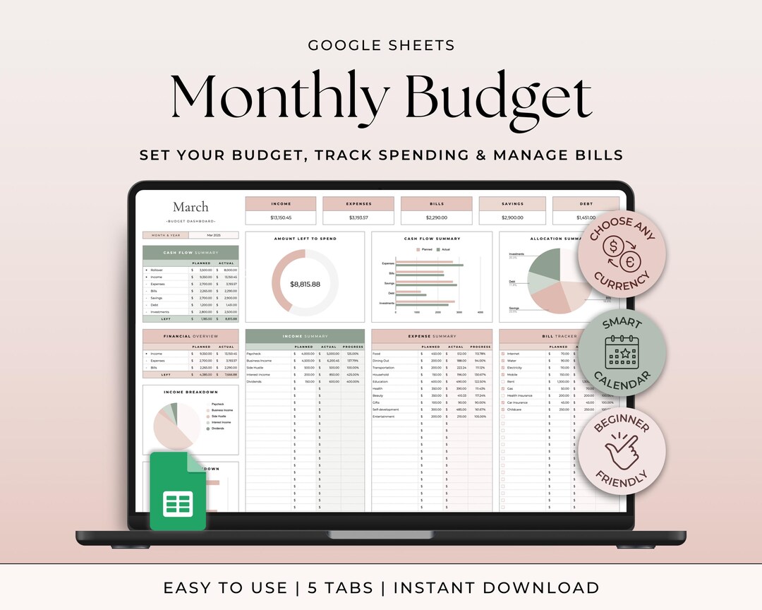 Monthly Budget Planner Spending Tracker Digital Personal Finance Google ...