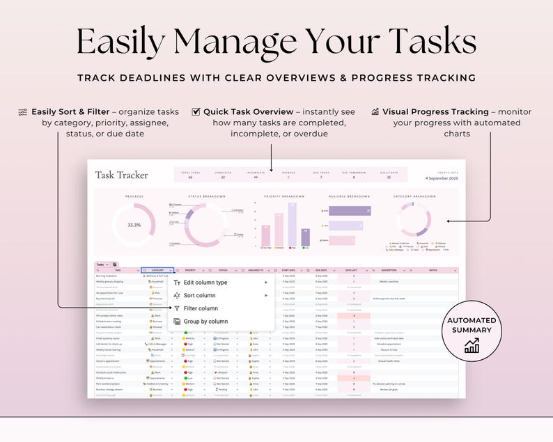 Task Tracker Spreadsheet Google Sheets Excel Digital To-do List ...