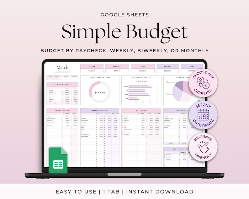 Simple Budget Planner Google Sheets Monthly Budget Planner Paycheck ...