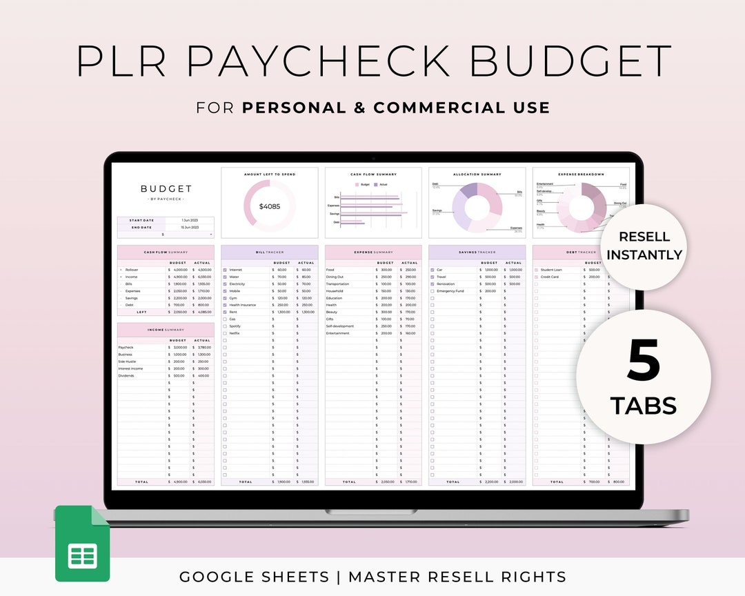 PLR Paycheck Budget Spreadsheet for Google Sheets Master Resell Rights ...