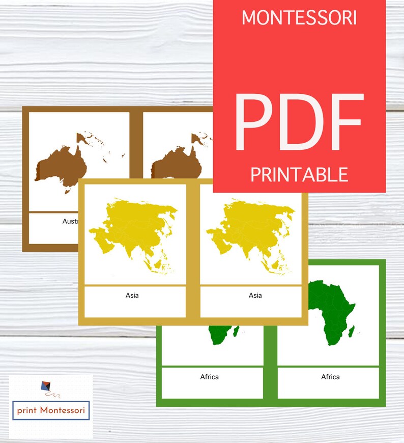 Montessori, Continents Three Part Learning Card, Homeschool, Printable ...