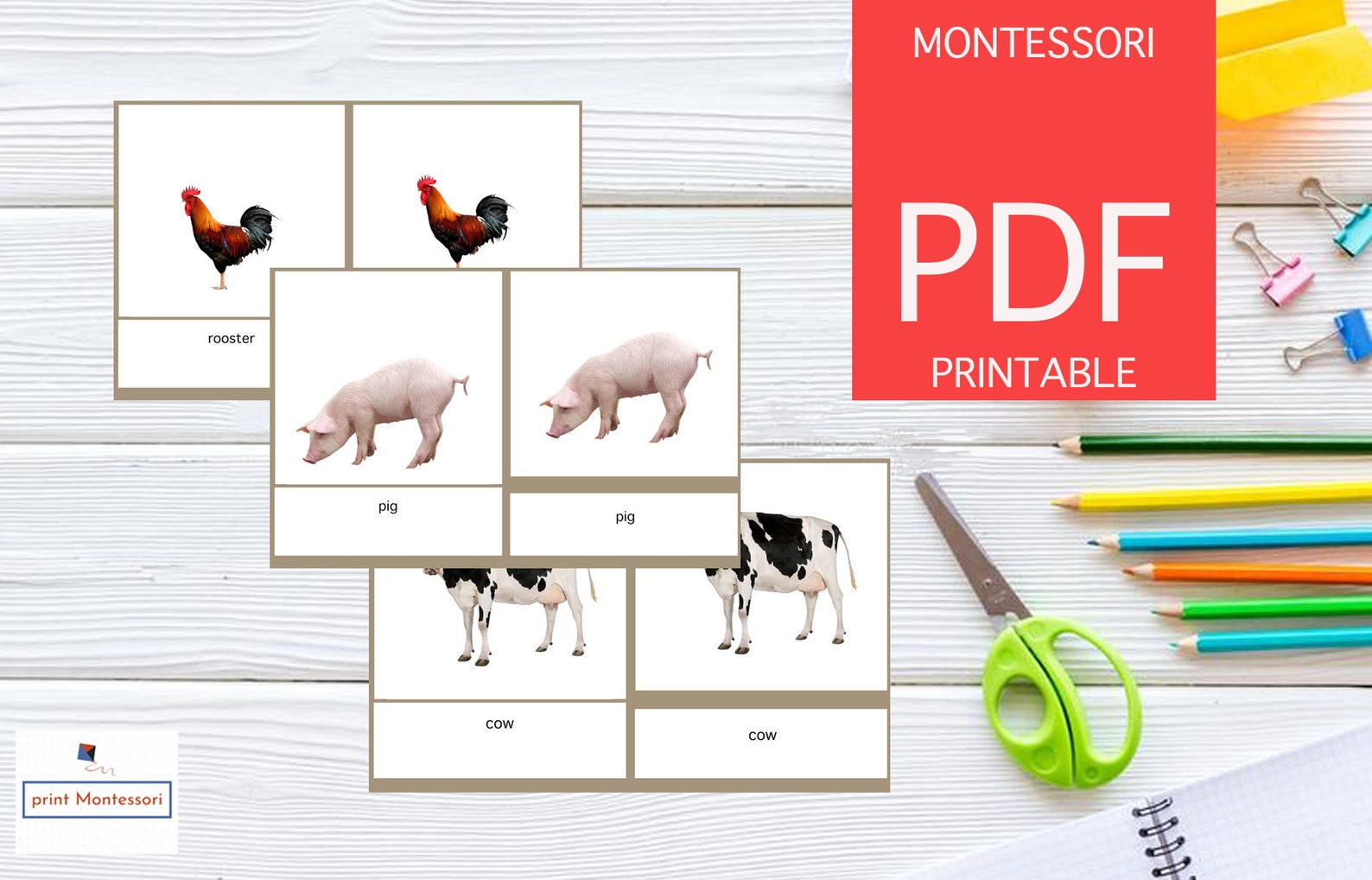 Montessori, Farm Animals Three Part Learning Flash Card, Homeschool ...