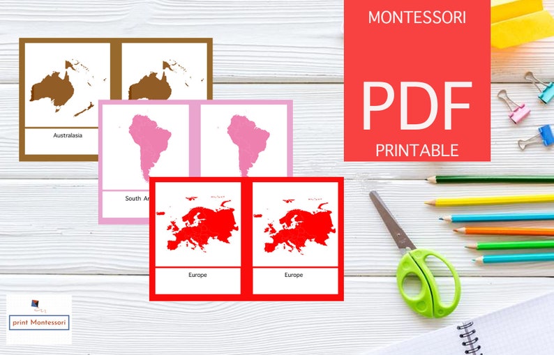 Montessori, Continents Three Part Learning Card, Homeschool, Printable ...