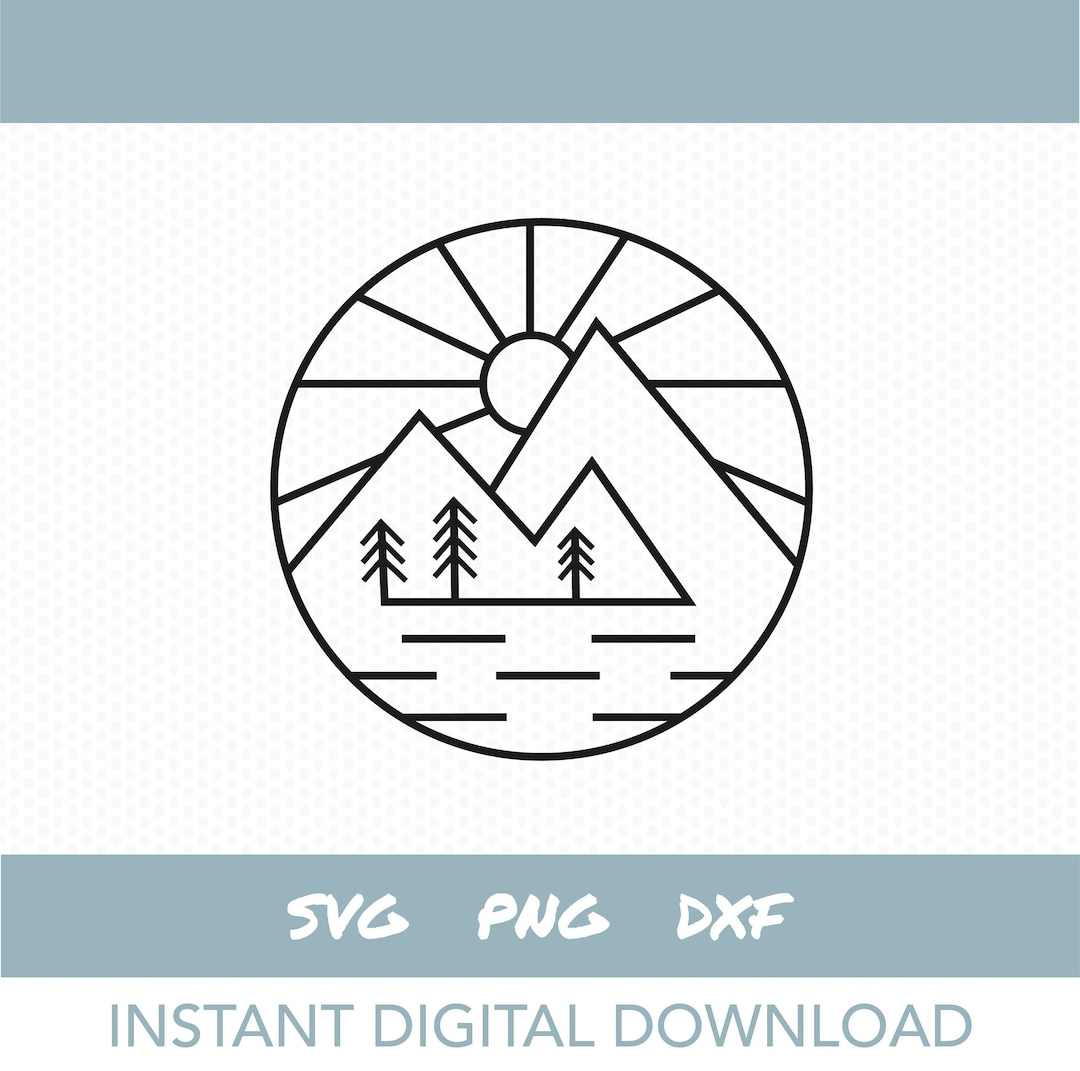 Mountain Scene SVG, Simple Mountain Sunrise, Line Drawing Vector ...