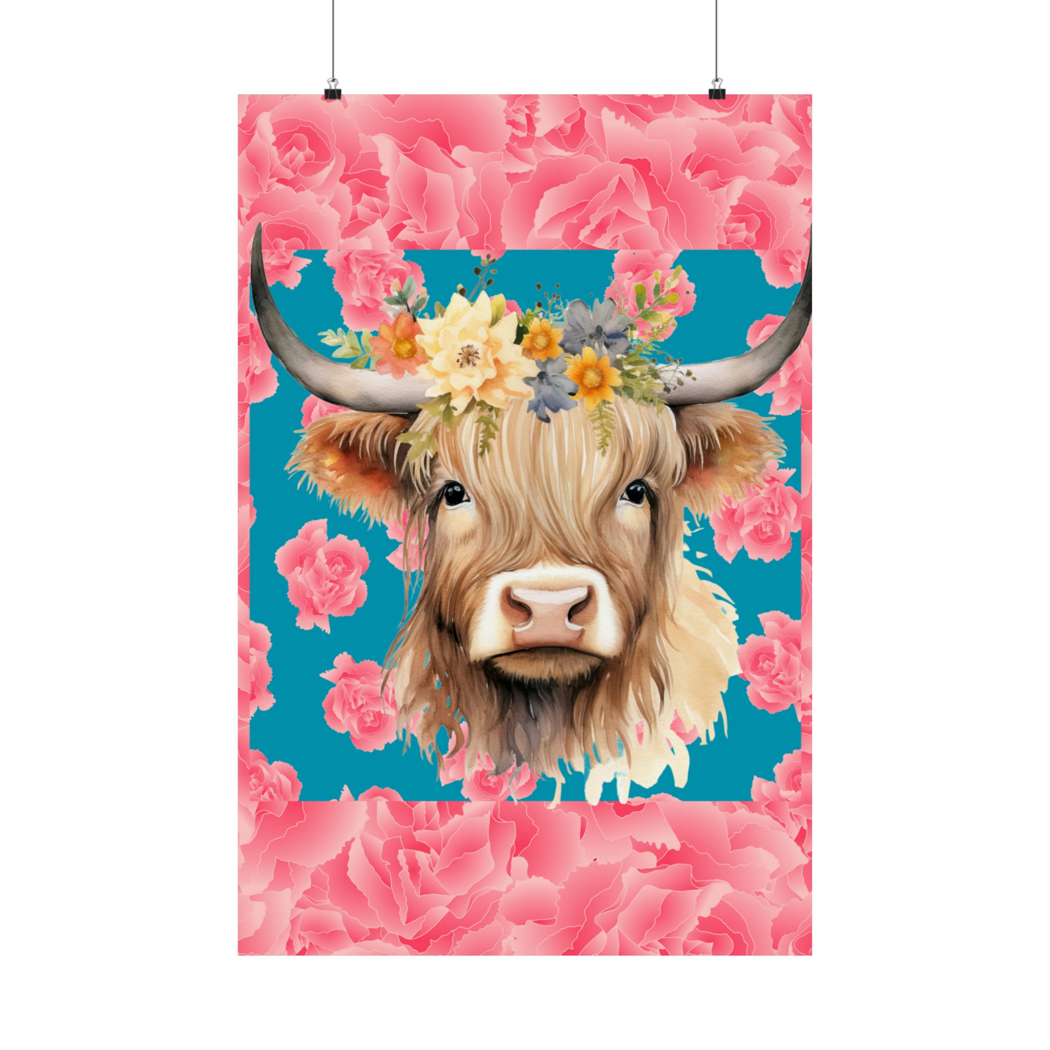 Highland Cow Graphic Design Poster - Matte Cow Art Print - Carnation ...