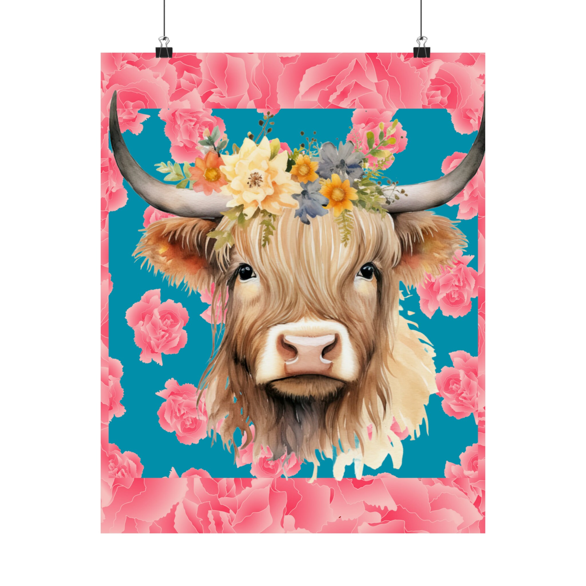 Highland Cow Graphic Design Poster Matte Cow Art Print Carnation Cow ...
