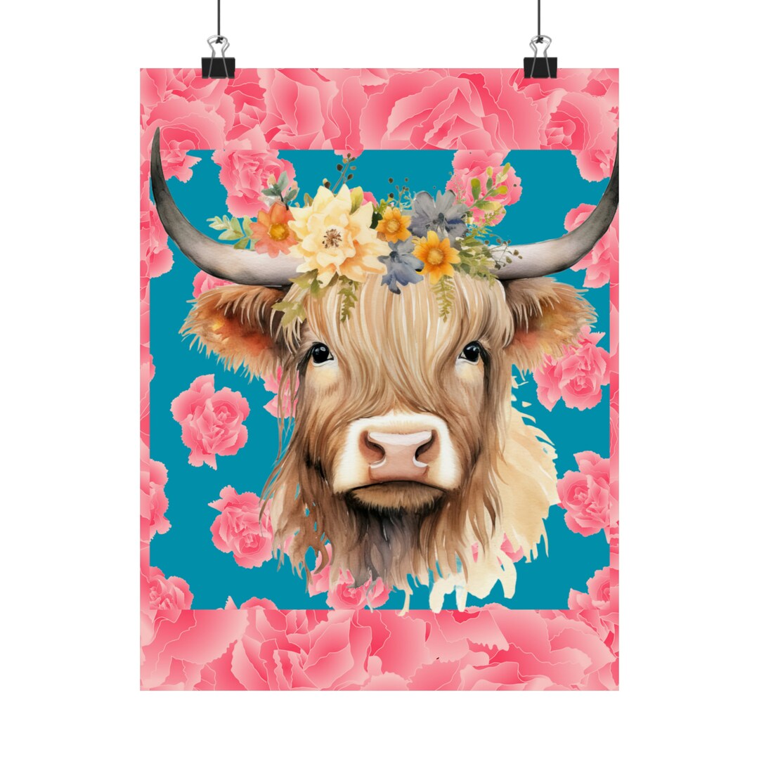 Highland Cow Graphic Design Poster Matte Cow Art Print Carnation Cow ...