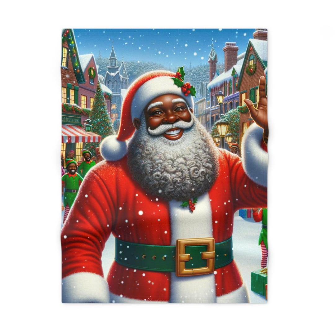 Black Santa and Elves Soft Fleece Baby Blanket Snowy Christmas Town ...