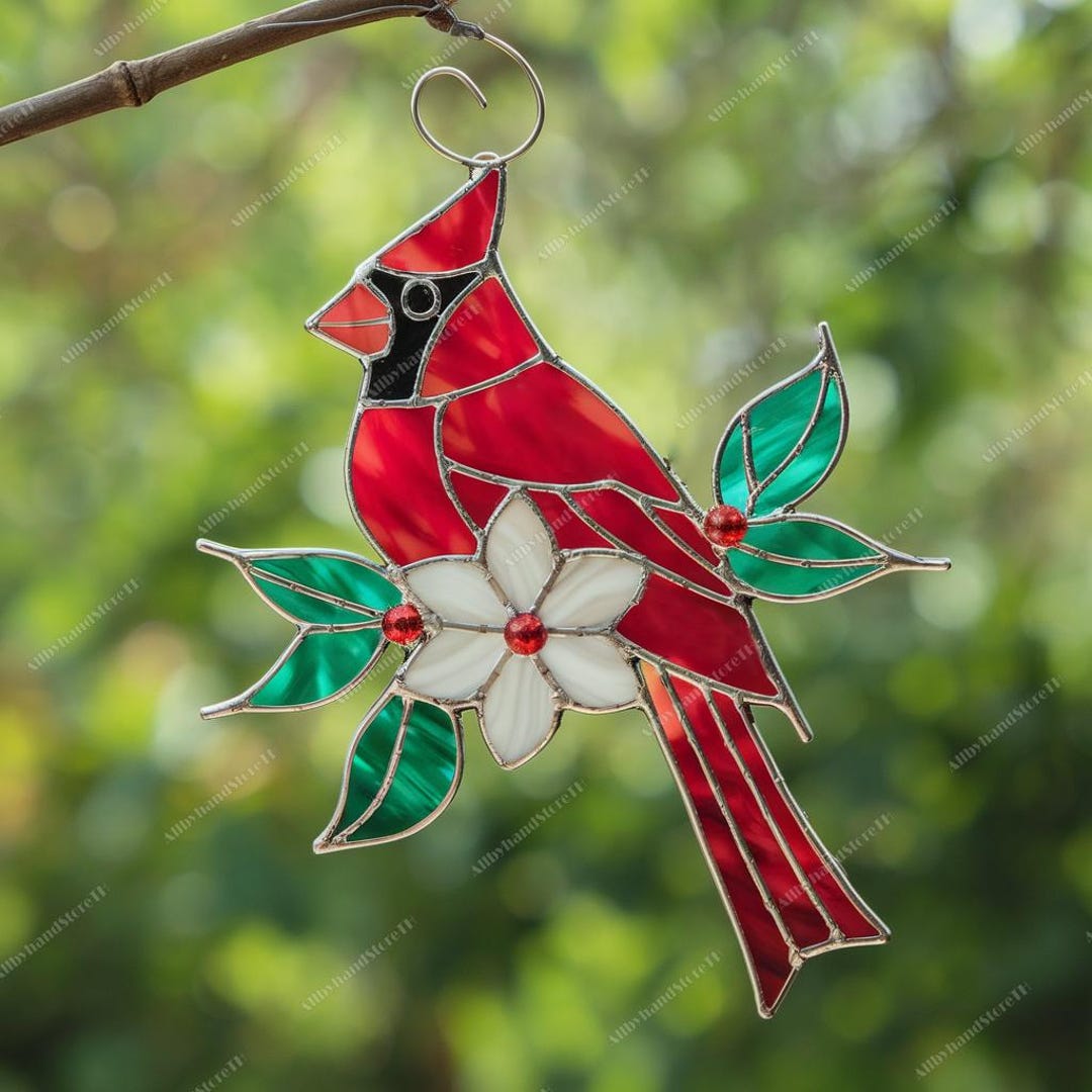 Stained Glass Cardinal Window Hangings Ornament Stained Glass Bird ...