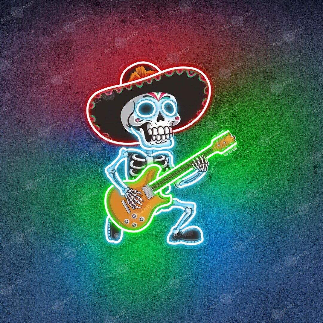 Mexican Skull Neon Sign Skeleton Guitar Led Light Mexica Neon Sign ...