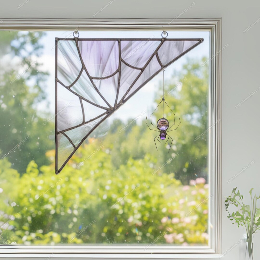 Halloween Stained Glass Spider Web Corner Spider Suncatcher Panel ...