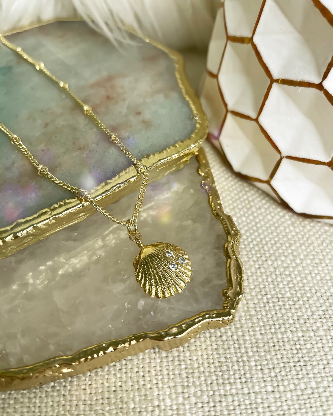 Shell Charm With CZ Diamonds Layering Necklace Dainty Gold Charm ...