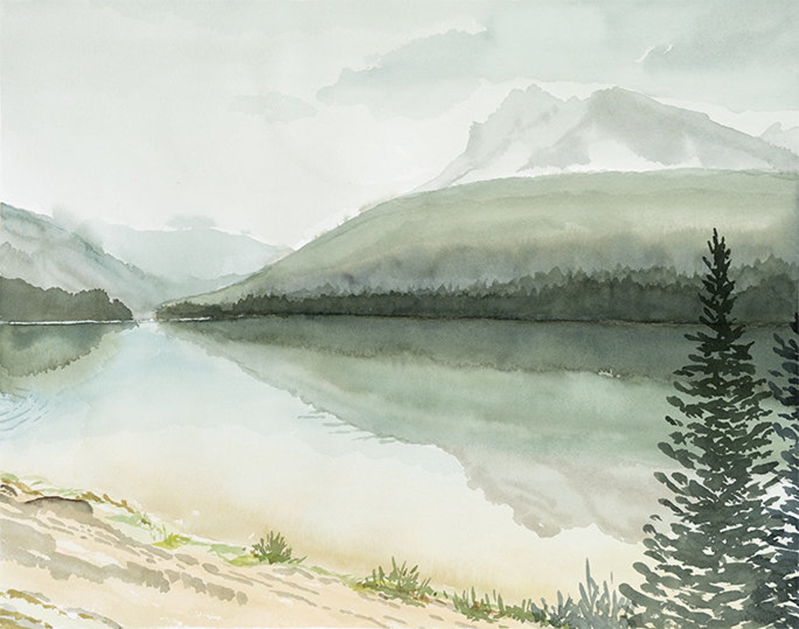 Mountain Watercolor Landscape Art Print, Lake Nature Painting, Serene ...