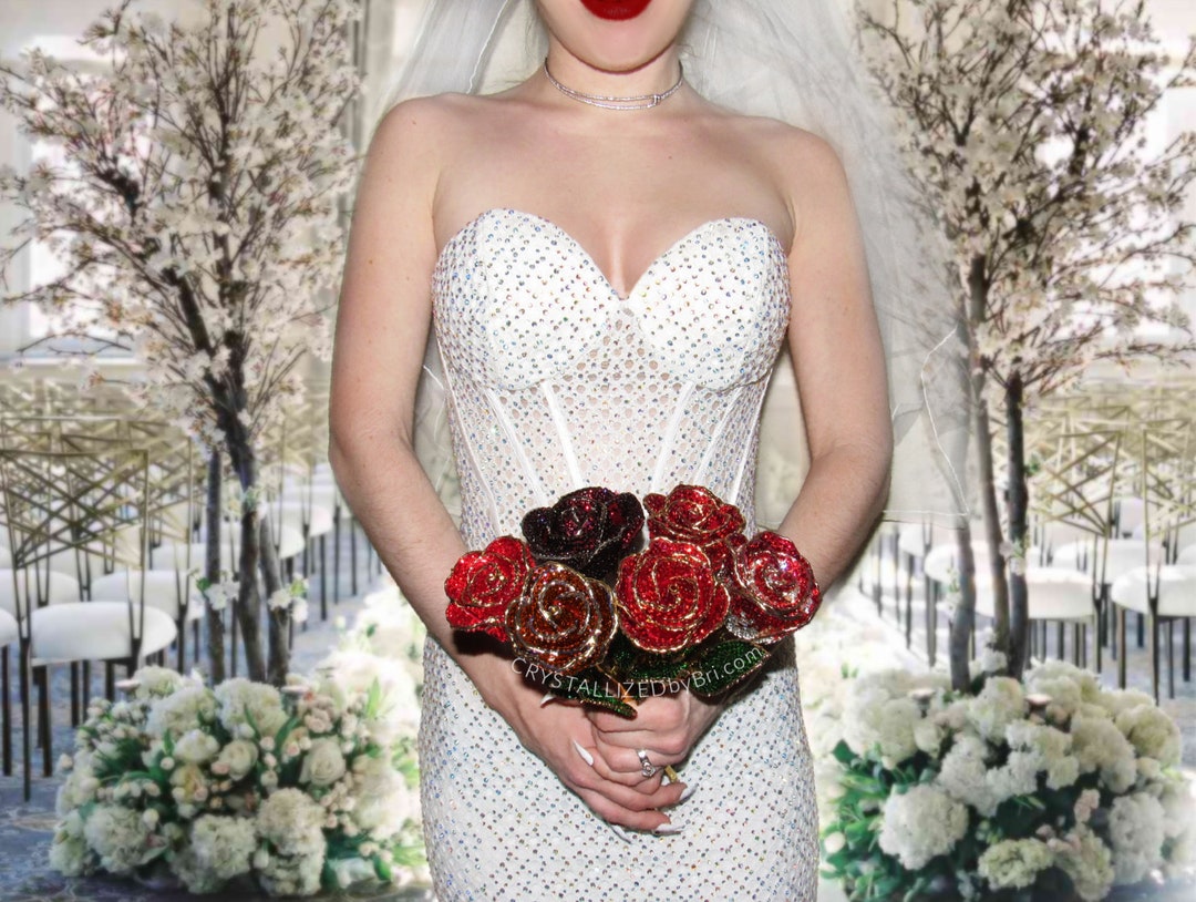 Austrian Crystal Preserved Roses Bridal Bouquet Set of 6 Any Color ...