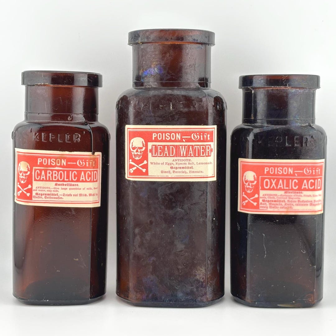 SET OF 3) Antique/vintage POISON Bottles Lot. Amber Poisons, Apothecary ...