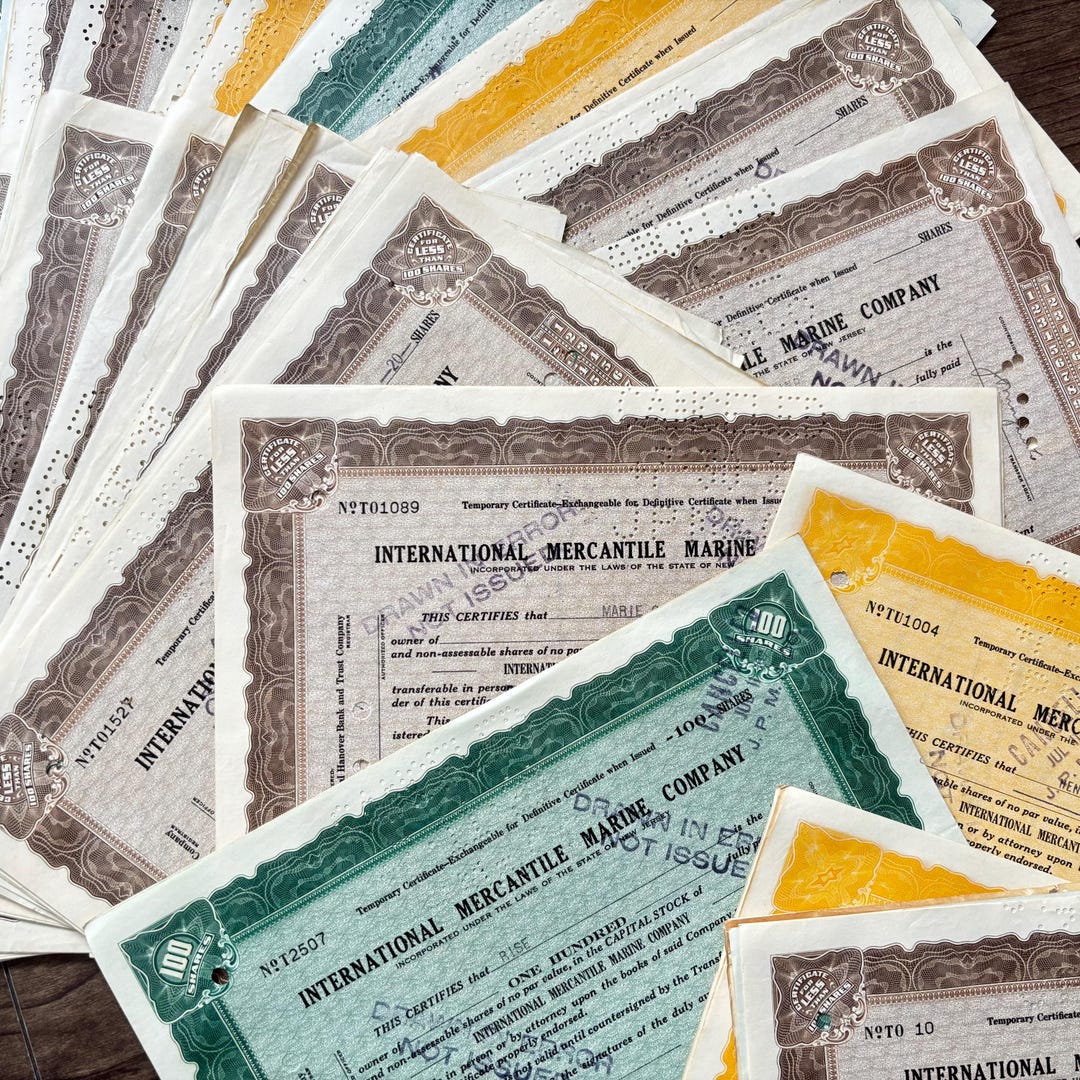 Antique Stock Certificates. 1920/30’s. International Mercantile Marine ...