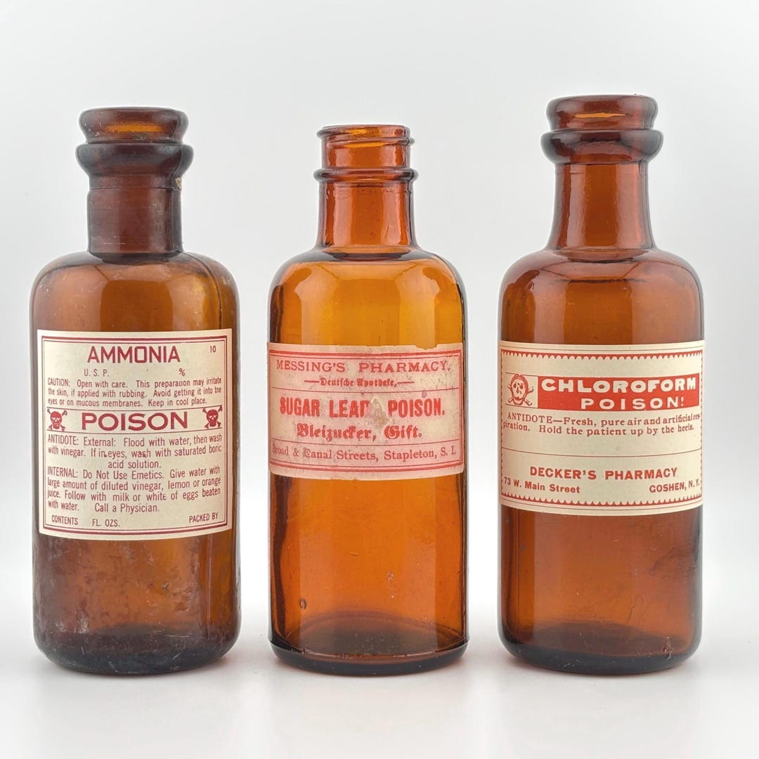 SET OF 3) Antique/vintage POISON Bottles Lot. Amber Poisons, Apothecary ...