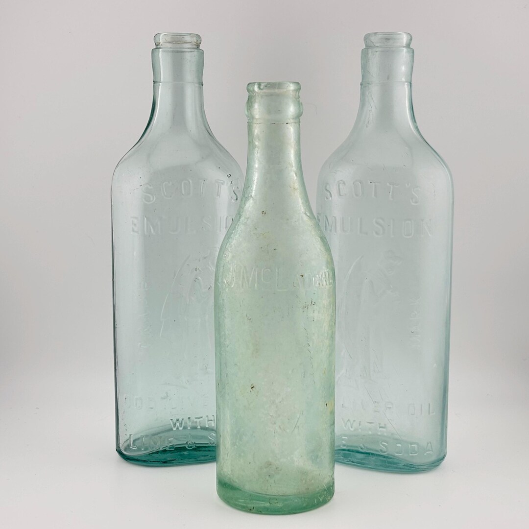 Antique Aqua Glass Bottle Set: Mclaughlin Sodas, Scotts Emulsion - Etsy