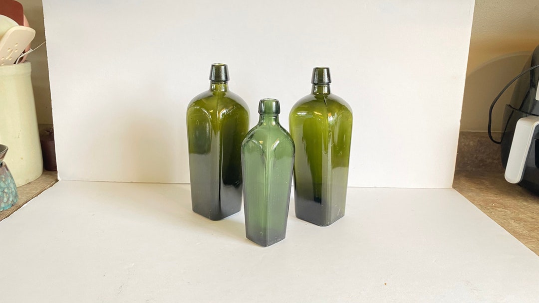SET OF 3 Antique Alcohol Bottles Green, Case Gin 1910's Square Style - Etsy