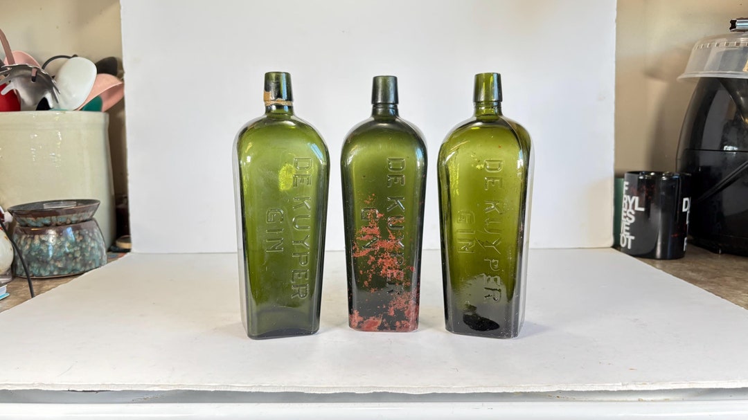 SET OF 3 Dekuyper Gin. Antique Alcohol Bottles Green, Case Gin 1910's ...