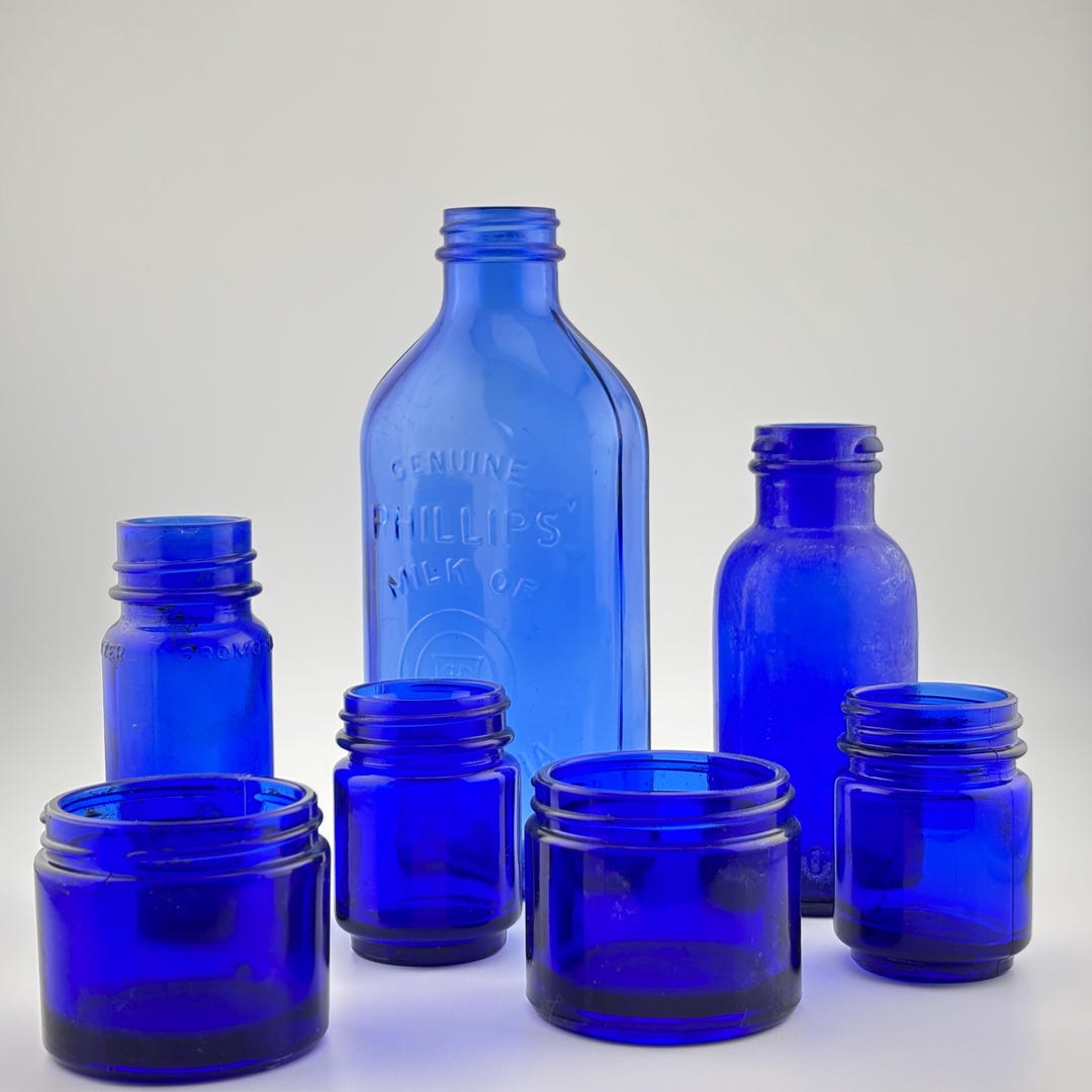 Set of 7 Vintage Cobalt Blue Glass Bottles: Apothecary Jars, Craft ...