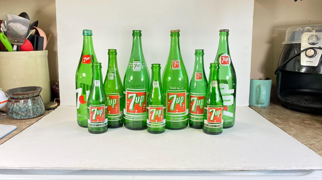 SET OF 9) Vintage ACL/ Style,-7up Beverages. Soda Pop Bottles. 1950-80s ...
