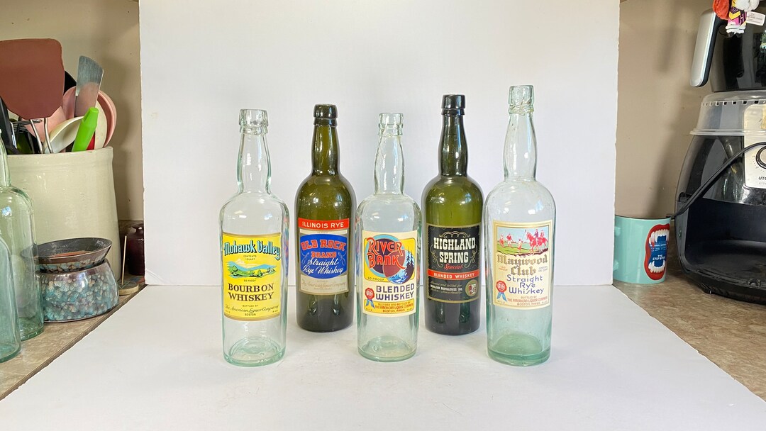 SET OF 5) Antique/vintage Labeled Bottles Lot- Whiskey Style ...