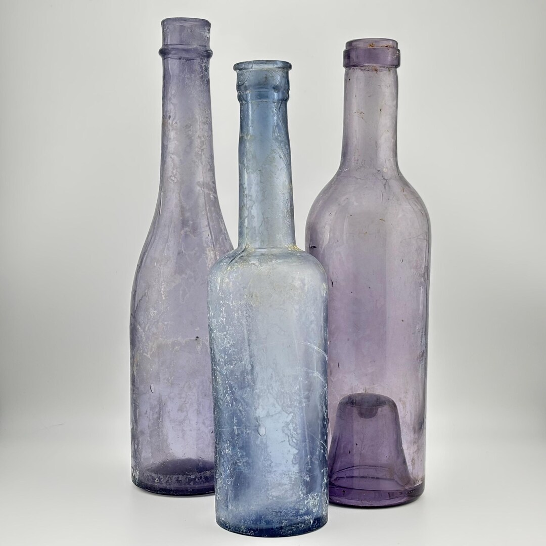 SET OF 3) Antique Alcohol Bottles. Light Coloured Amethyst, Purple ...