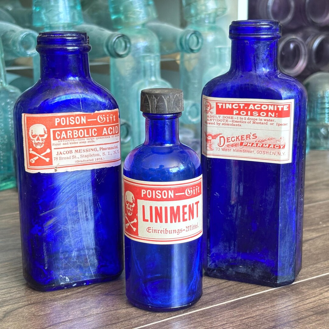 SET OF 3) Antique/vintage POISON Bottles Lot. Cobalt Blue Poisons ...