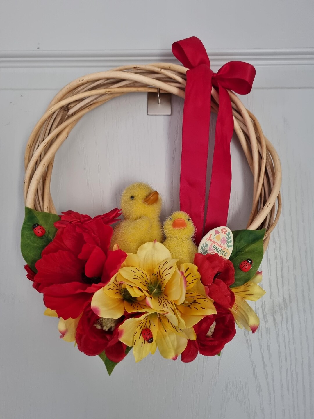 Easter Wicker Wreath Decorated With Yellow Chicks, Poppies, Daisies ...