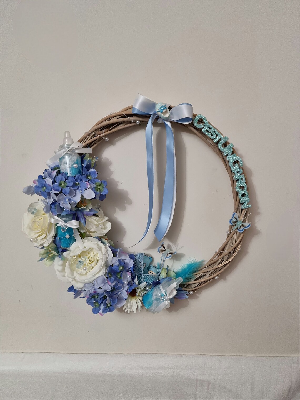 Handcrafted Wicker Crown Decorated With White Gerbera Hydrangeas Pinks ...