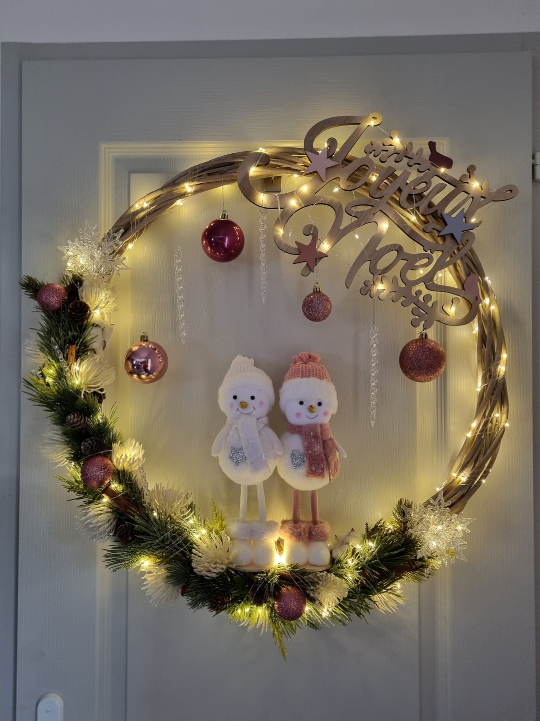 Wicker Wreath Decorated With Characters White Flowers Branches Fir ...